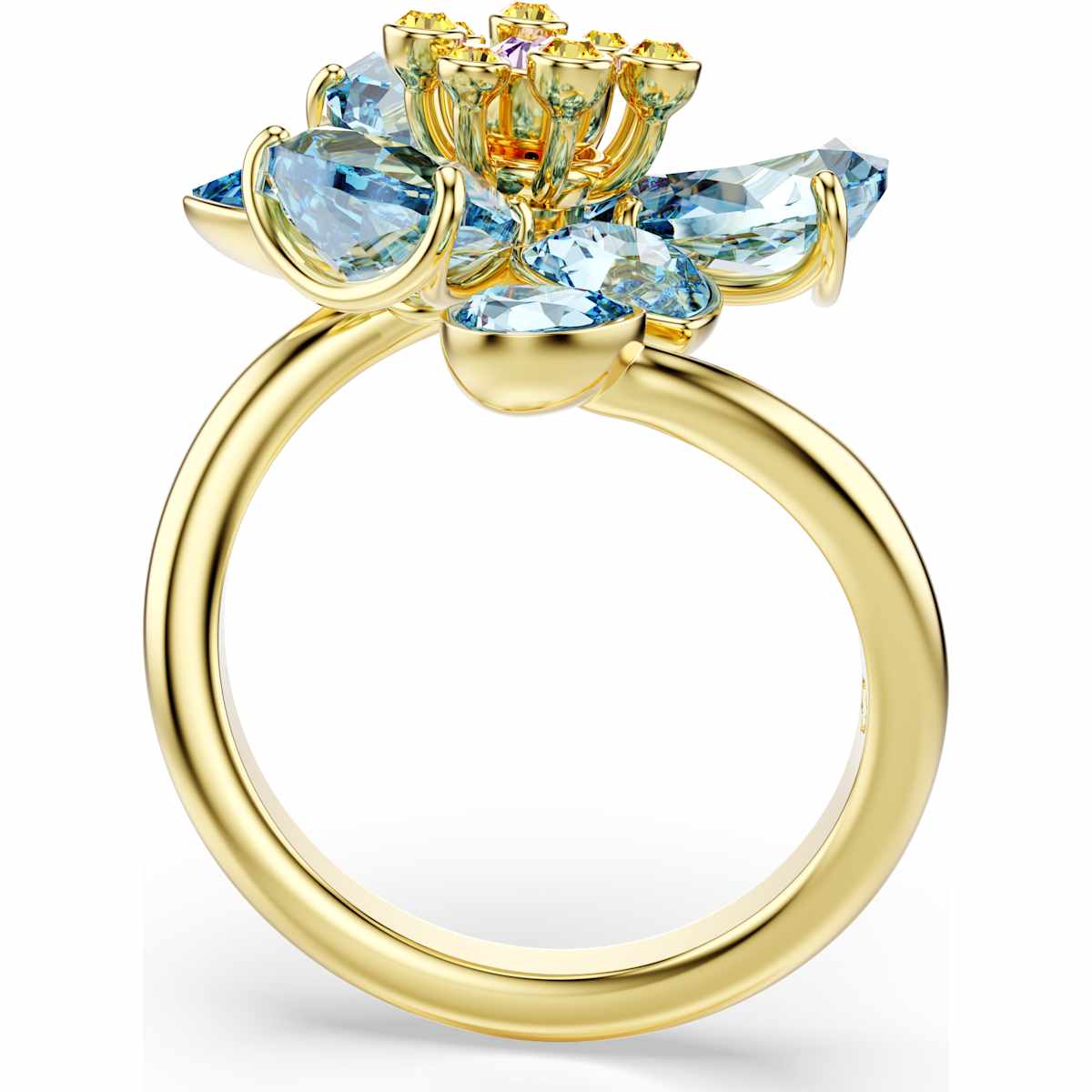 Idyllia open ring, Mixed cuts, Flower, Blue, Gold-tone plated