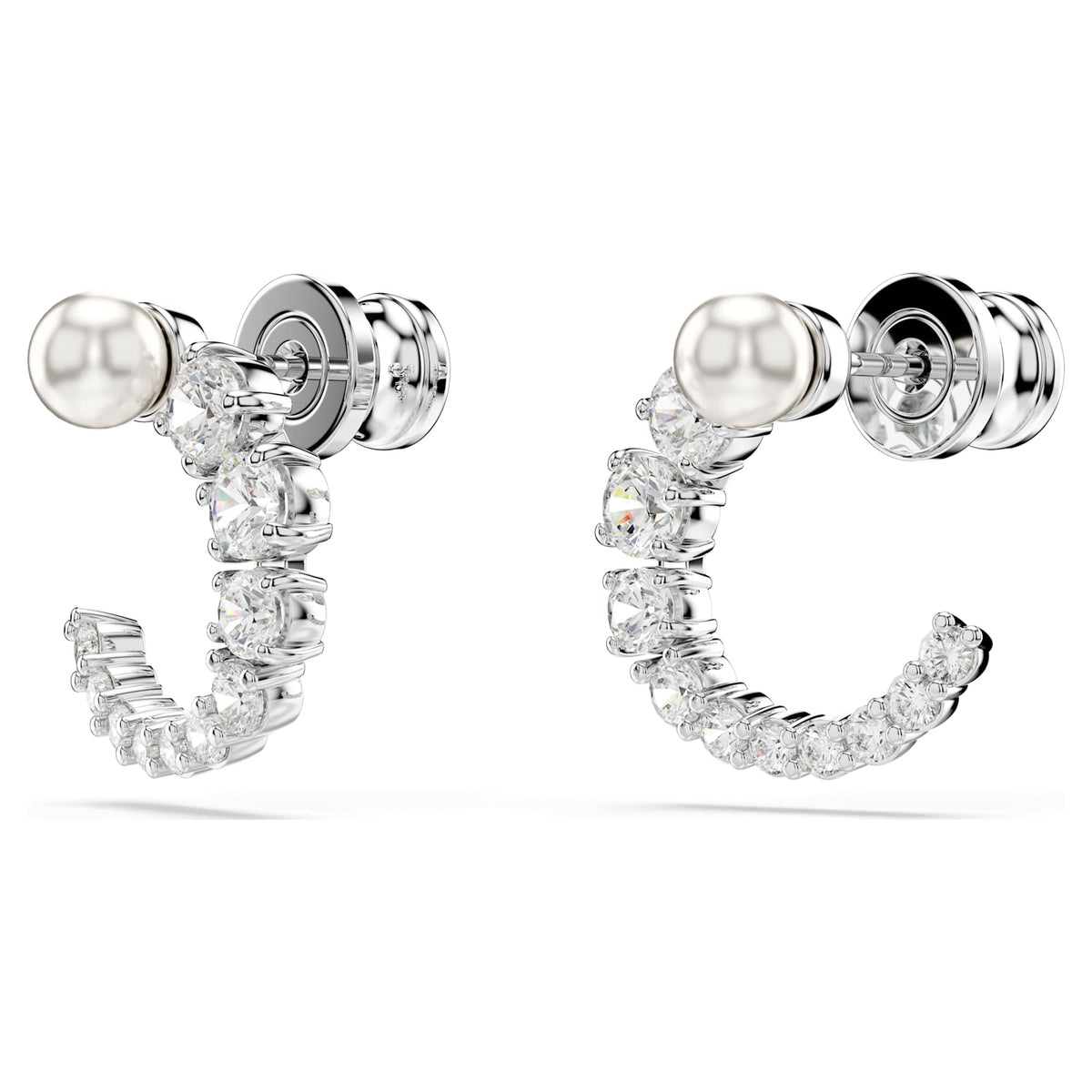 Matrix hoop earrings Crystal pearl, Round cut, White, Rhodium plated ...